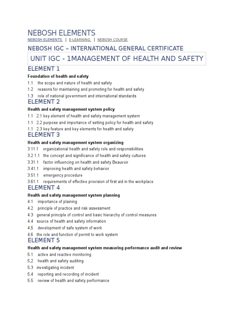 Nebosh Elements: Unit Igc - 1management of Health and Safety | PDF | Occupational Safety And ...