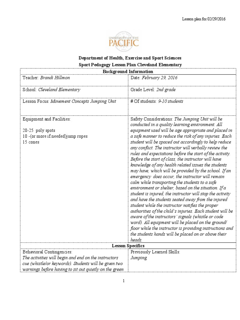2nd Grade Jumping Lesson Plan | PDF | Lesson Plan | Physical Exercise