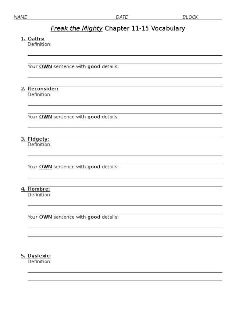 Vocabulary for Freak the Mighty Chapters 11-15 | PDF