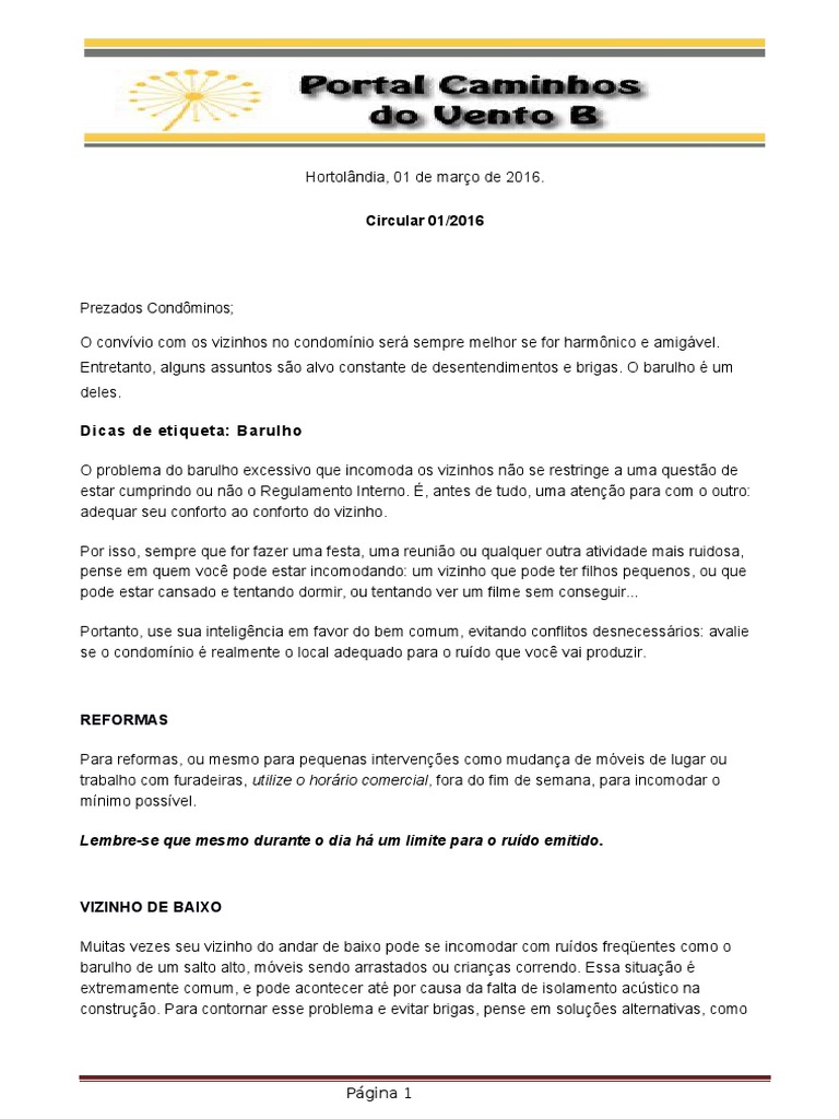 Circular #01 - 2016 | PDF | Barulho | Condomínio