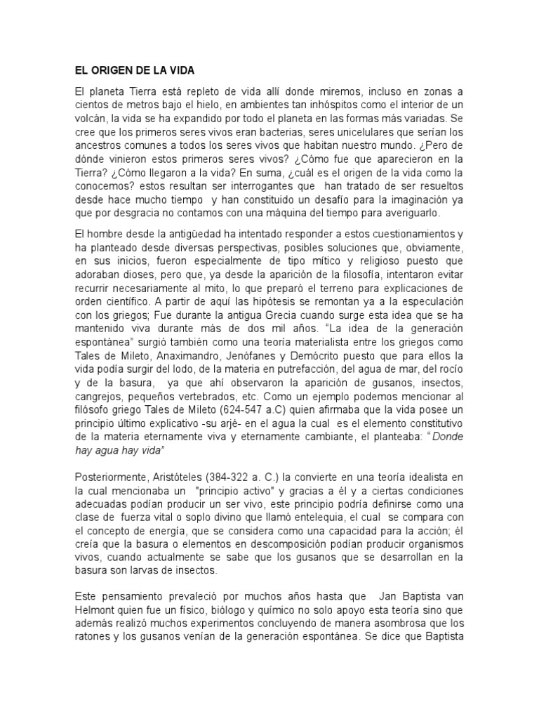 Ensayo Origen de La Vida | PDF | Abiogénesis | Evolución Ensayo Origen de La Vida | PDF | Abiogénesis | Evolución