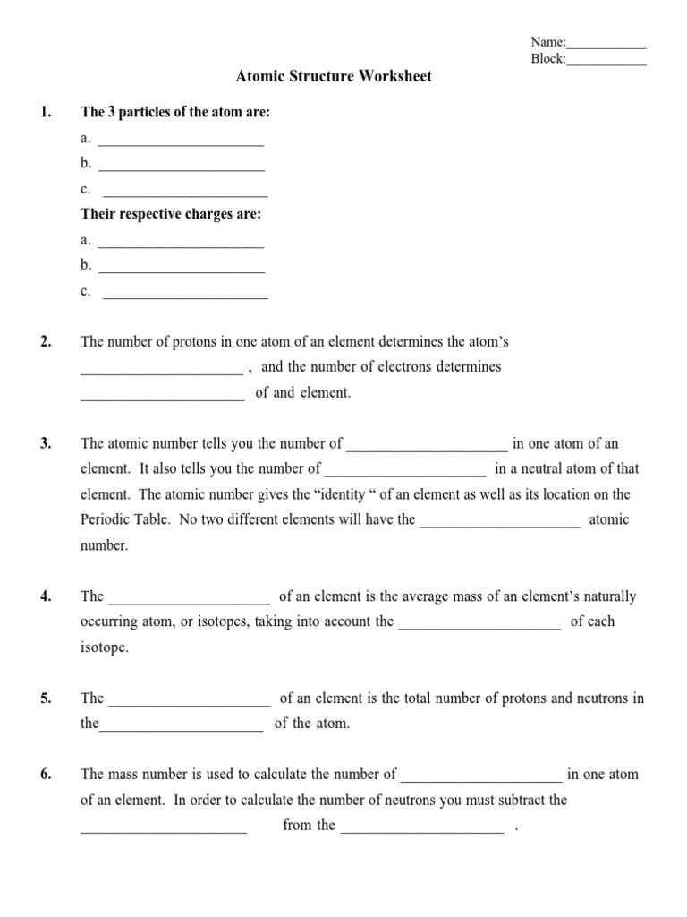 Atom Worksheet | PDF | Chemical Elements | Atoms
