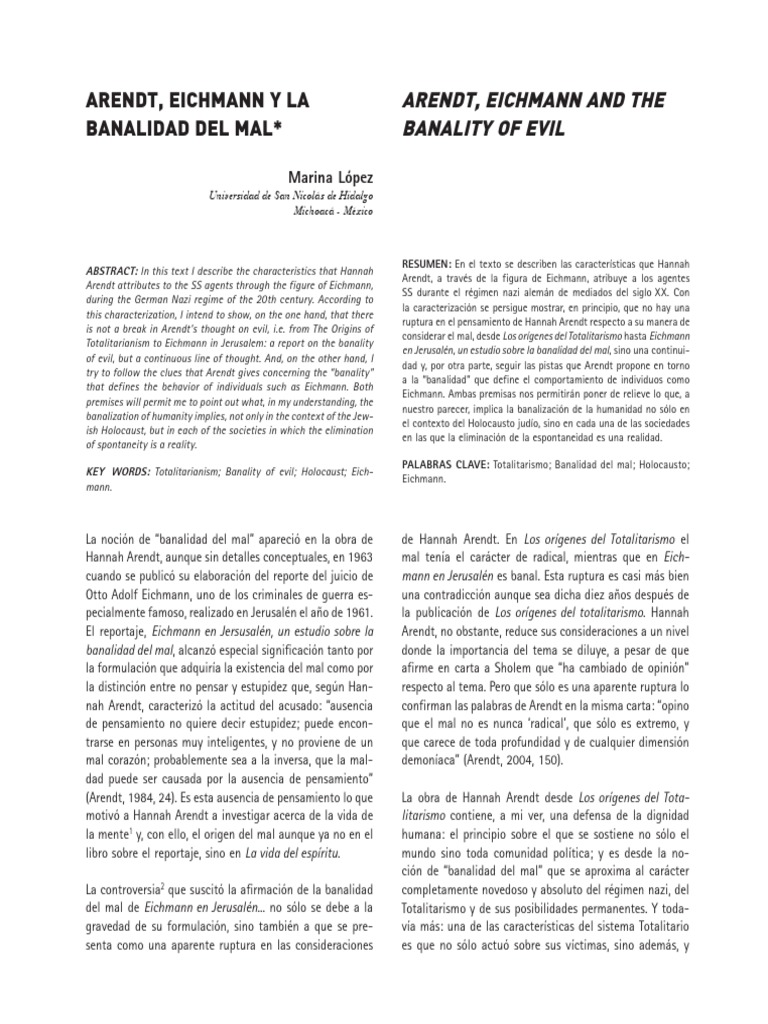 Arendt y la Banalidad del Mal en Eichmann | PDF | Hannah Arendt | Filosofía