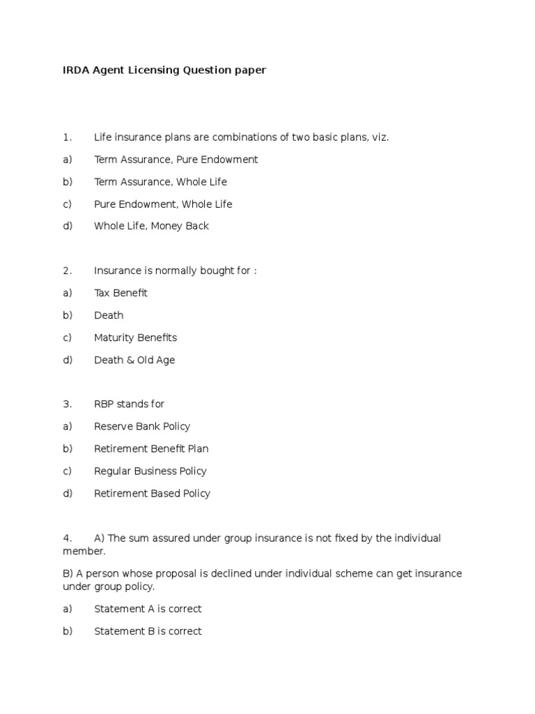 IRDA Agent Exam Sample Paper | PDF | Insurance | Life Insurance
