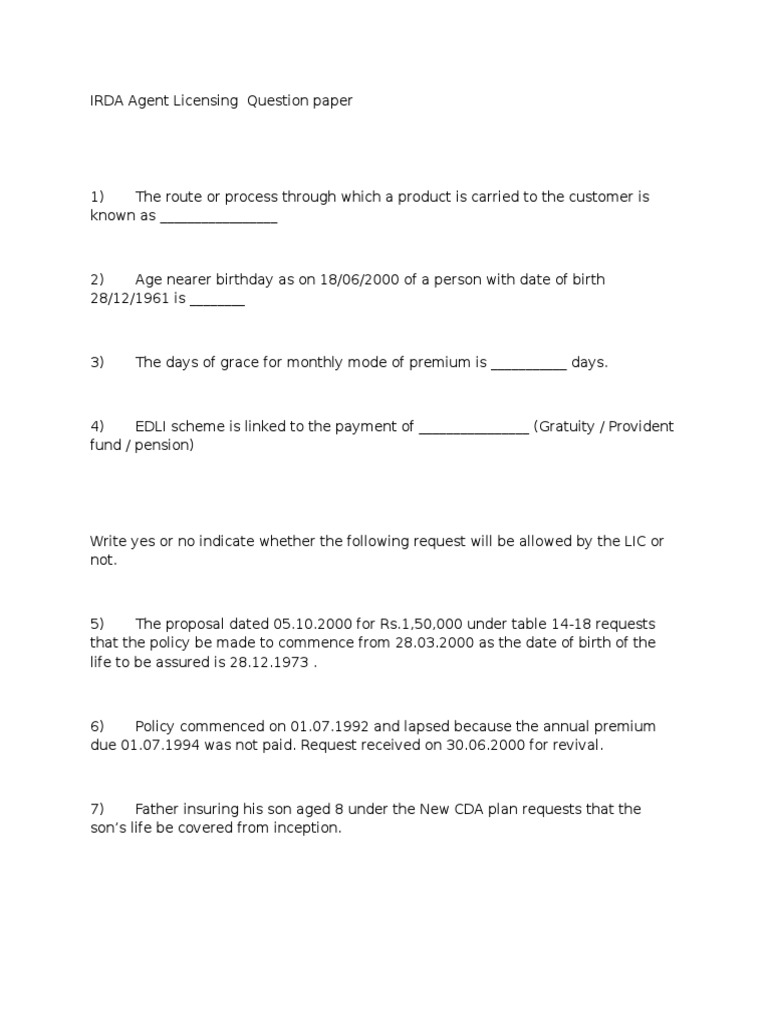 IRDA Agent Exam Sample Paper 1 2 3 4 | PDF | Annuity (European) | Insurance