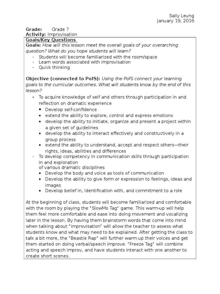 Lesson Plan - Improvisation 1 Sally Leung | PDF | Improvisation ...