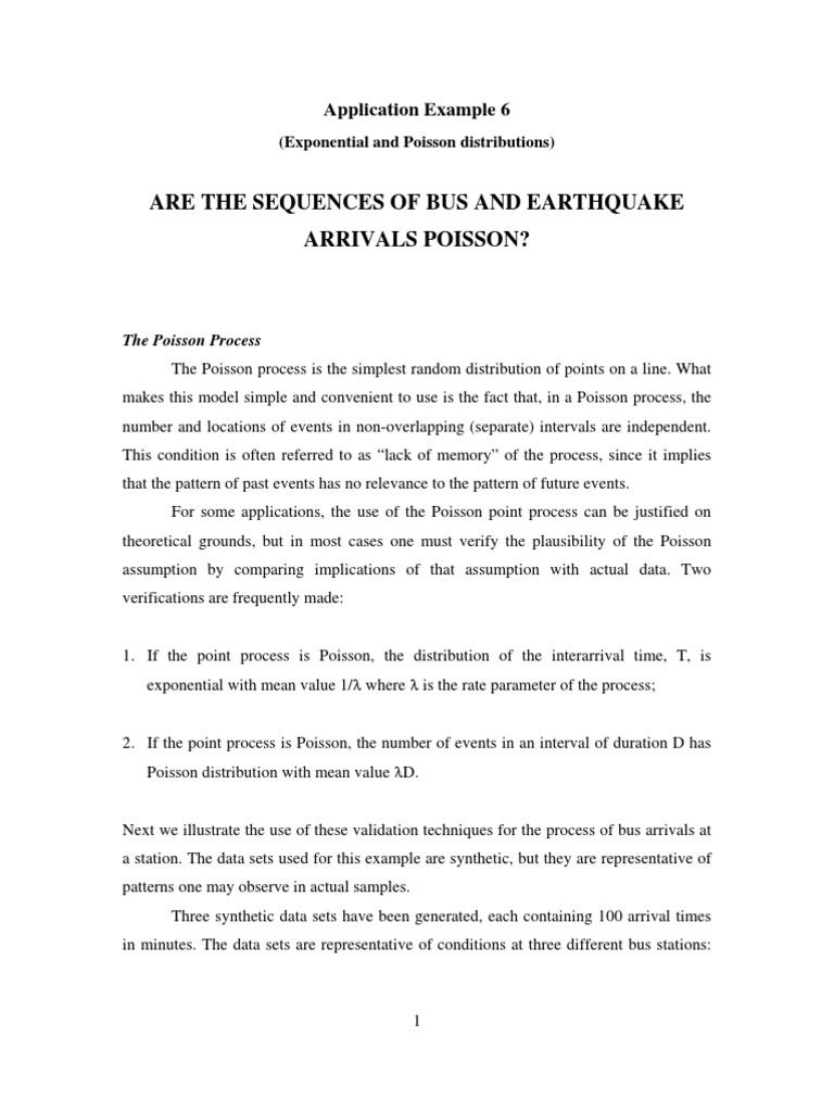 Are The Sequences of Bus and Earthquake Arrivals Poisson?: Application Example 6 | PDF | Poisson ...