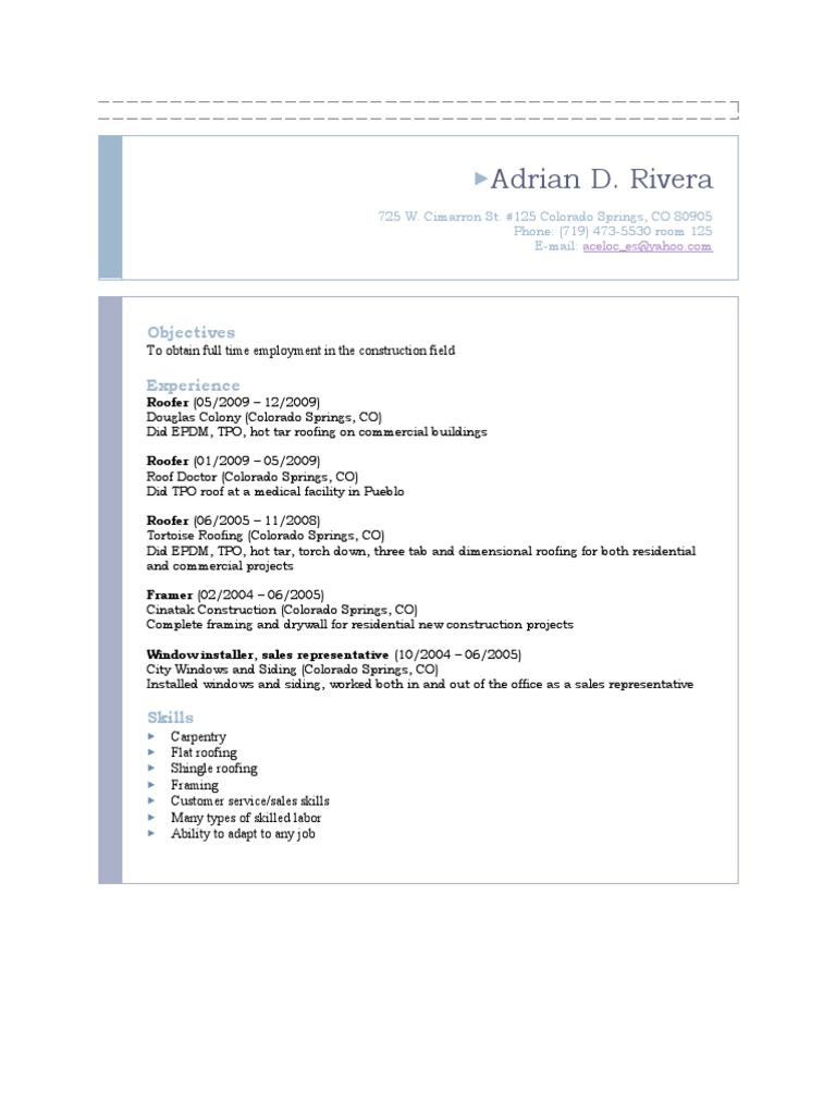 Construction Resume: Roofing & Framing Skills | PDF