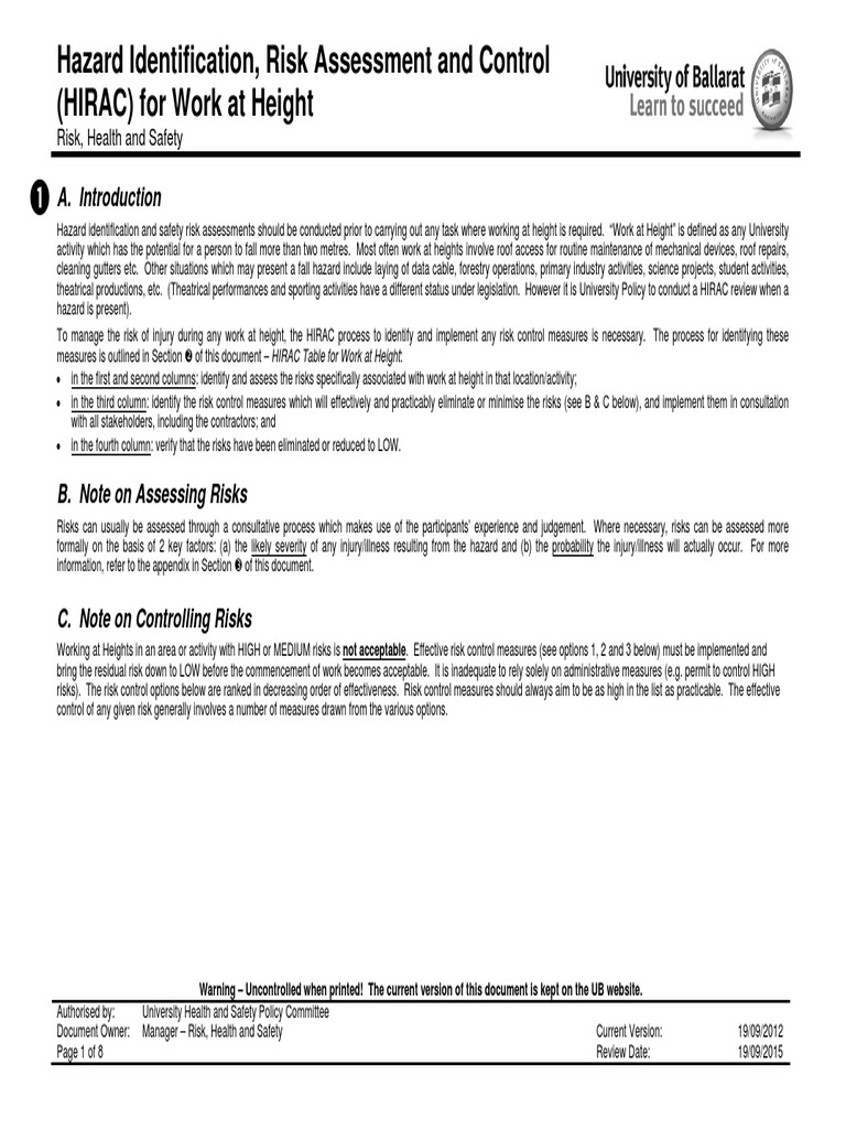 HIRAC - Work at Height Template | PDF | Risk | Occupational Safety And ...