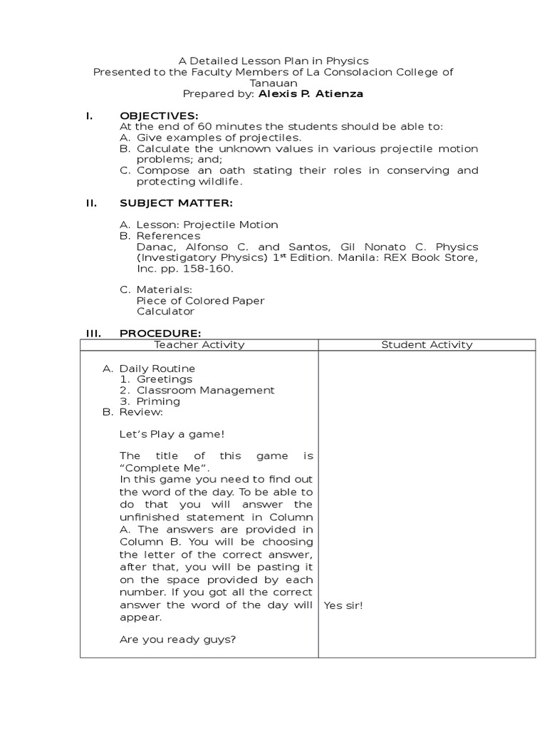 A Detailed Lesson Plan in Physics | PDF | Trajectory | Velocity