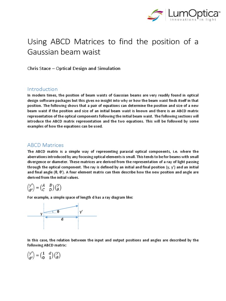 ABCD Matrix and Gaussian Beam Waist | PDF | Lens (Optics) | Matrix (Mathematics)