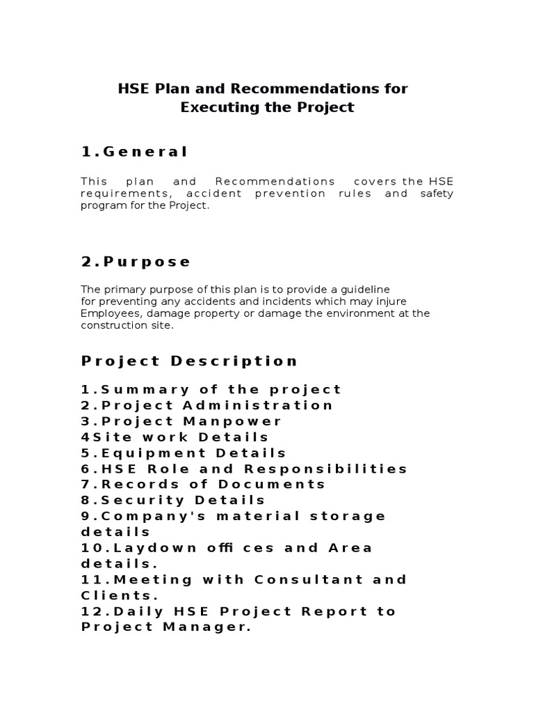 HSE Plan and Recommendations For Executing The Project | PDF | Safety ...
