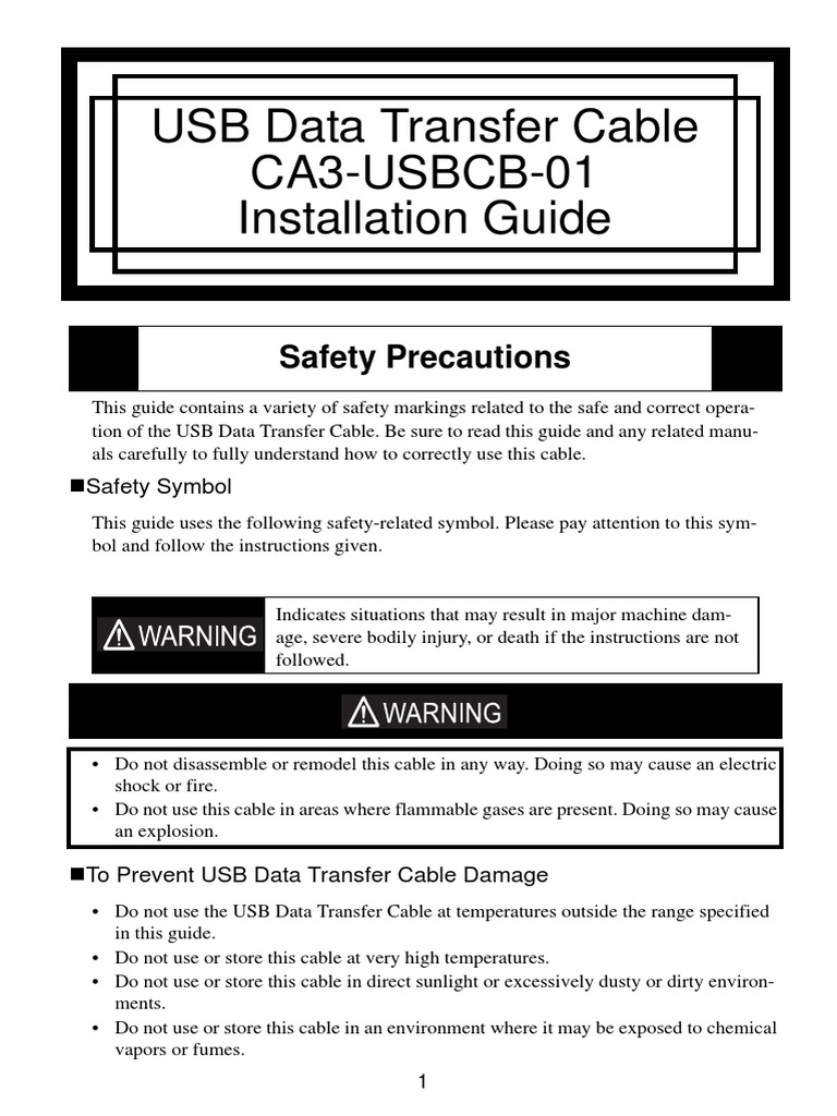 USB Data Transfer Cable CA3-USBCB-01 Installation Guide: Safety ...