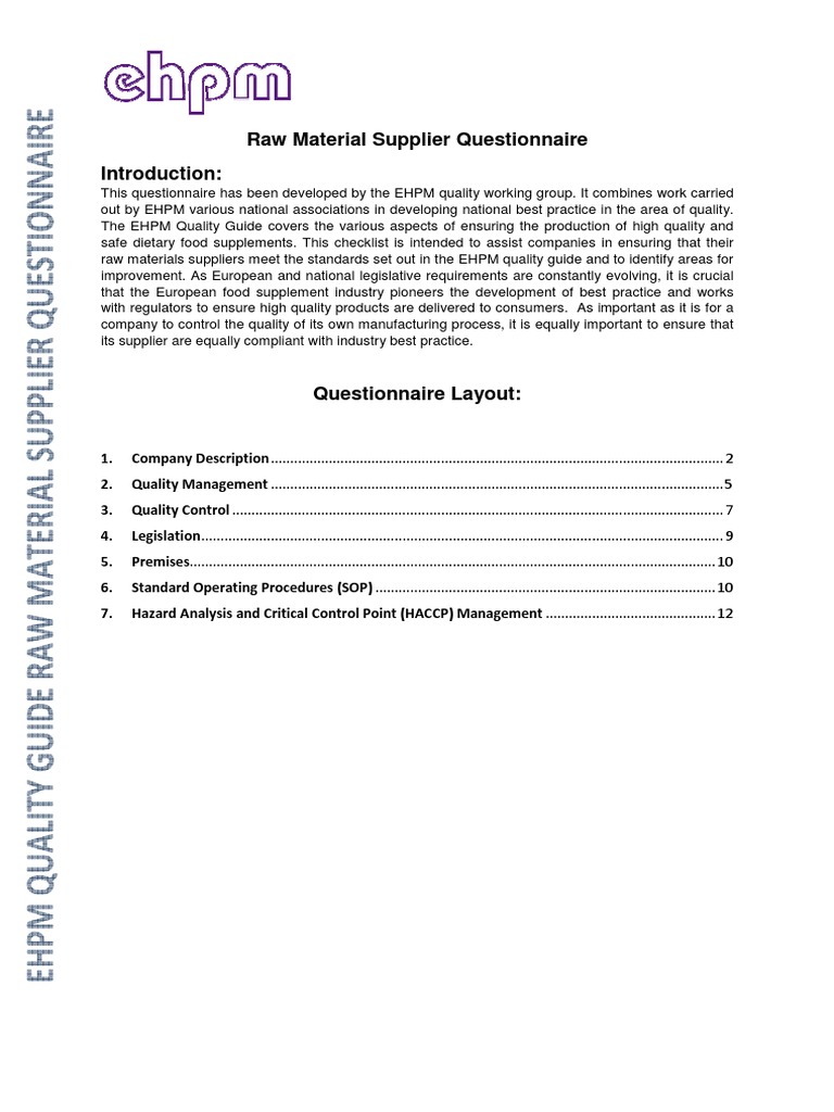 03 Raw Material Supplier Checklist 101214 | Hazard Analysis And ...