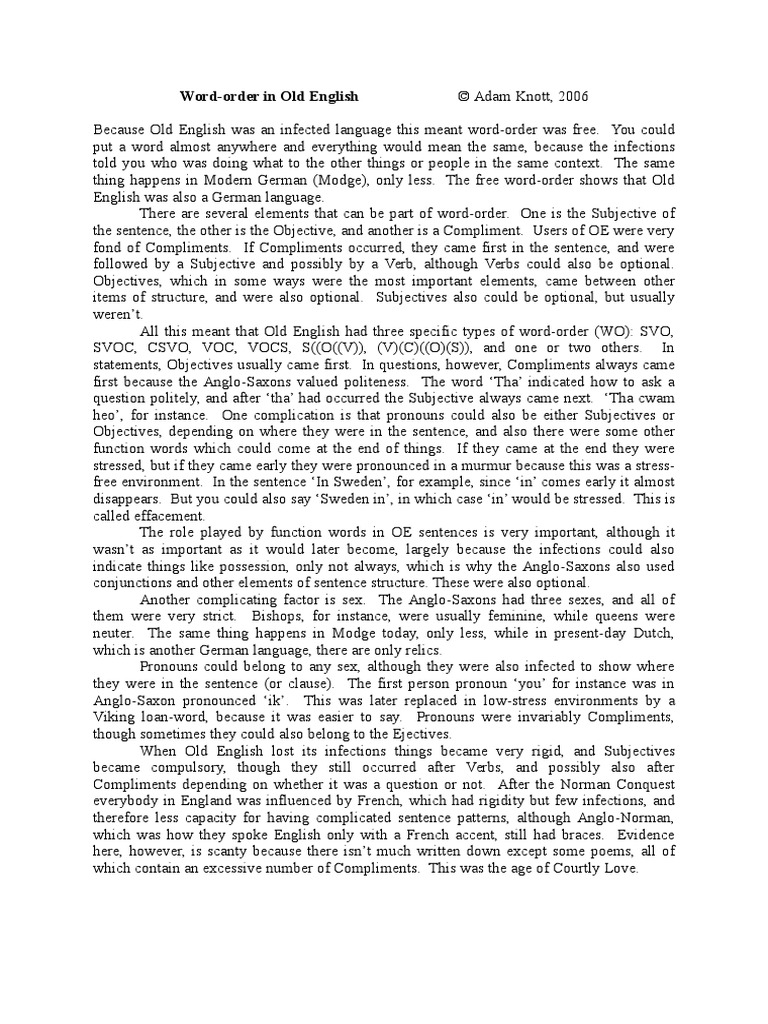 Old English Word Order | PDF | Anglo Saxons | English Language