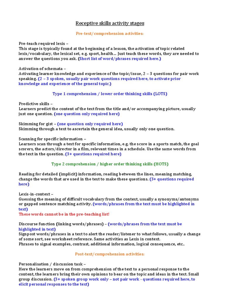 Receptive Skills Activity Stages | Reading Comprehension | Epistemology