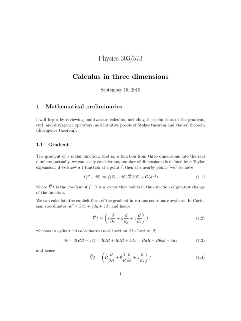 Physics 303/573 Calculus in Three Dimensions: 1 Mathematical ...