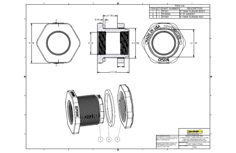 Parts List Description Part Number QTY Item 3" Tank Flange Body TF301 1 ...