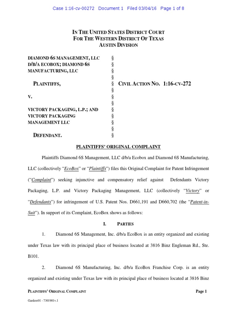 Diamond 6S Mgmt. v. Victory Pkg. - Complaint | PDF | Patent ...