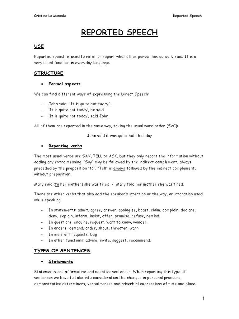 Reported Speech PDF | PDF | Verb | Grammatical Tense