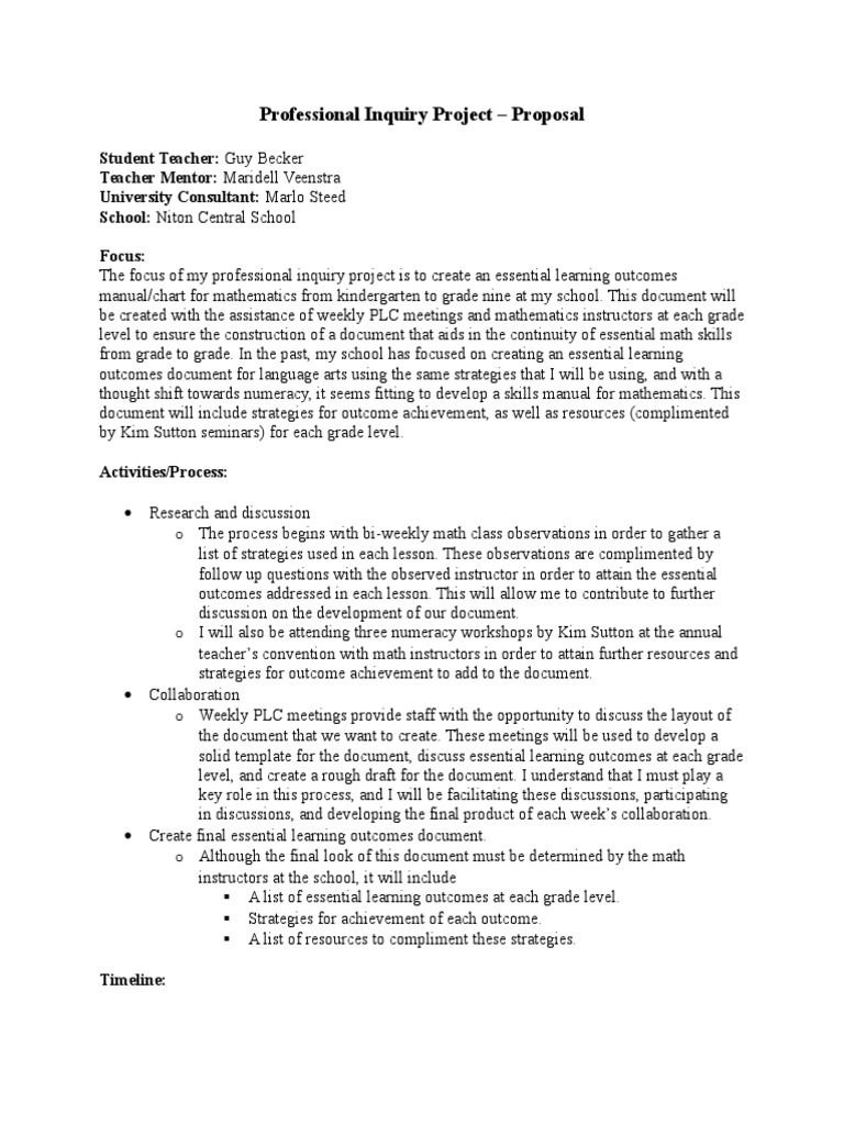 Professional Inquiry Project Proposal | PDF | Teachers | Teaching ...
