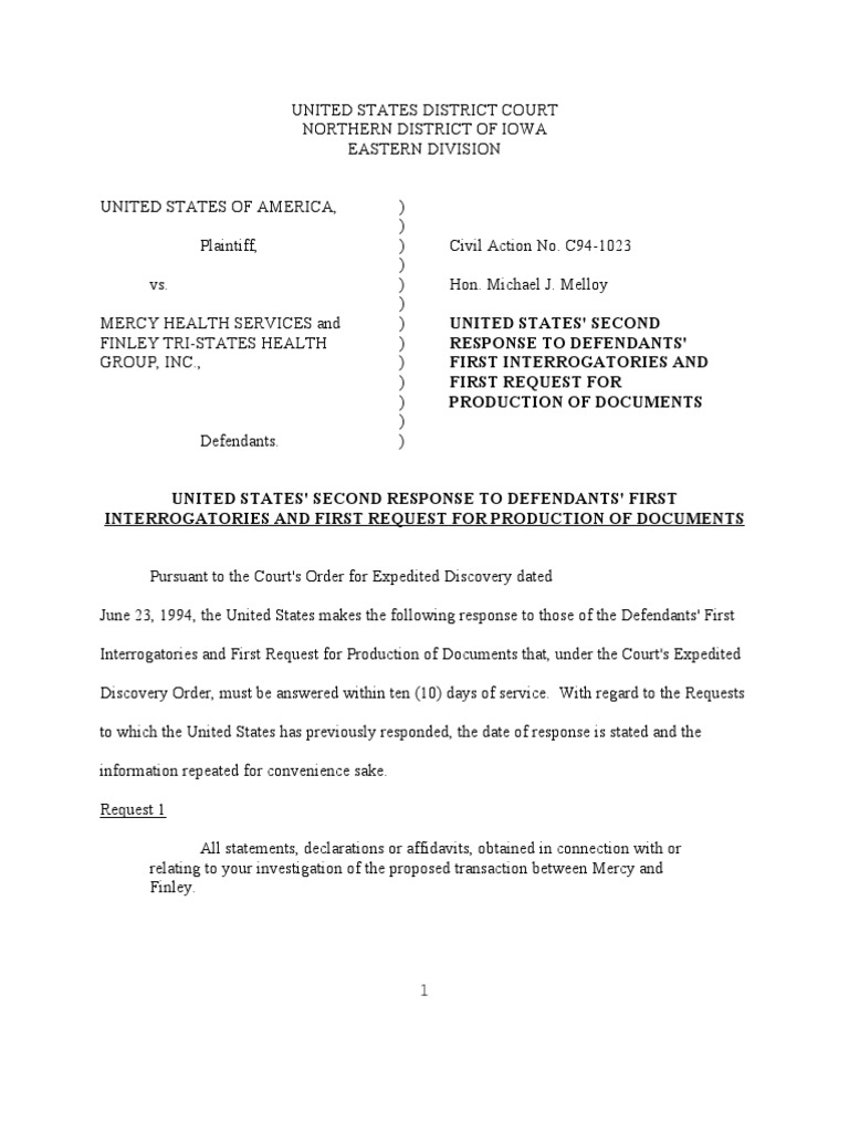 United States' Second Response To Defendants' First Interrogatories and ...