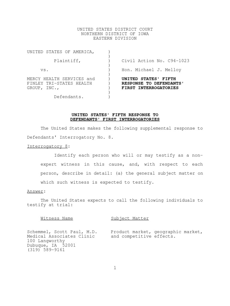 United States' Fifth Response To Defendants' First Interrogatories ...