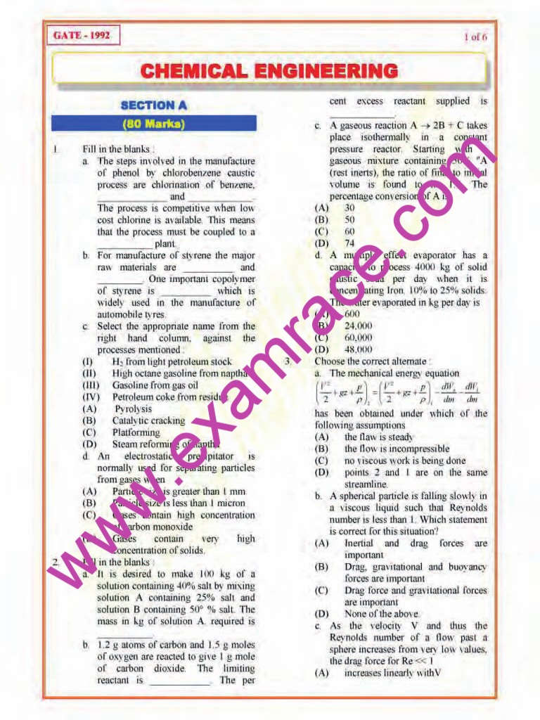 Chemical Engineering Exam Questions | PDF | Solution | Materials