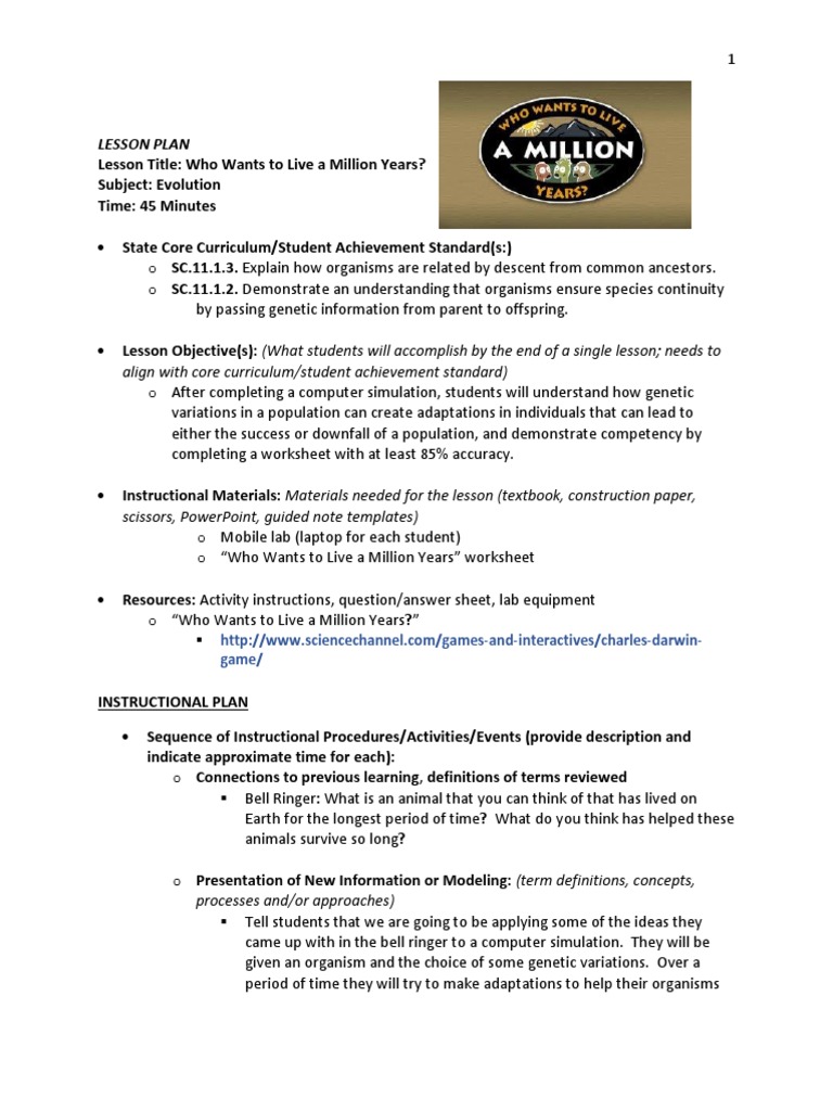 Who Wants To Live A Million Years Lesson Plan | PDF | Education Theory ...