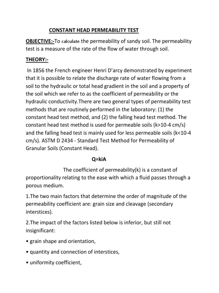 Constant Head Permeability Test Procedure | PDF | Soil Mechanics | Soil