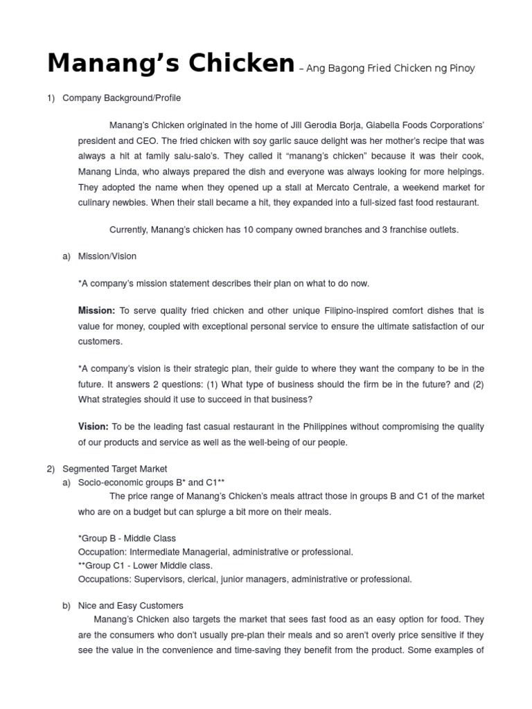 Manang's Chicken Planning Analysis | PDF | Fast Food Restaurants | Foods