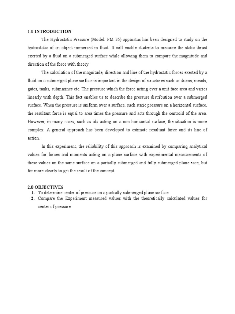 Hydrostatic Pressure Lab Report | PDF