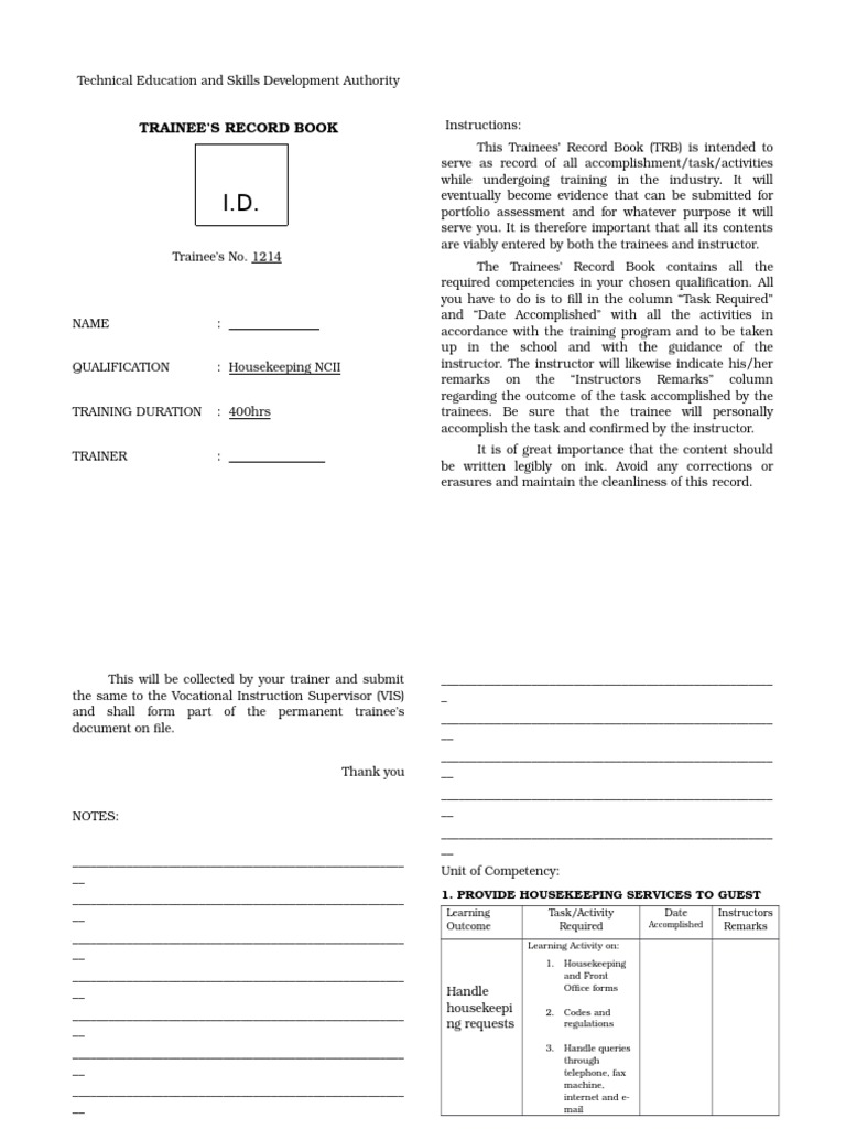 3 Trainees Record Book | Housekeeping | Laundry