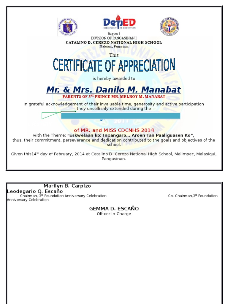 Mr. & Mrs. Danilo M. Manabat: Foundation DAY Anniversary | PDF