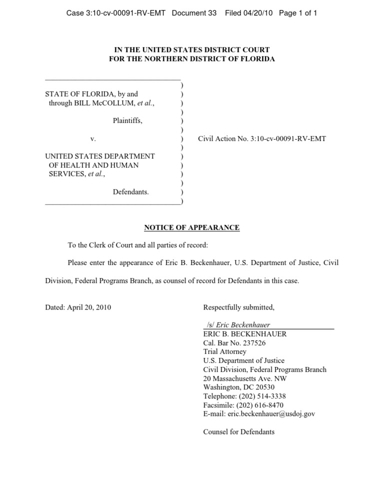 Notice of Appearance in Florida Case | PDF | Politics | Law
