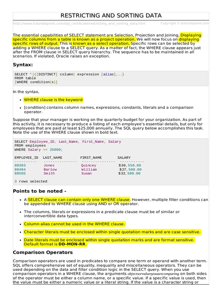 2 Restricting and Sorting Data | PDF | Sql | Computer Data
