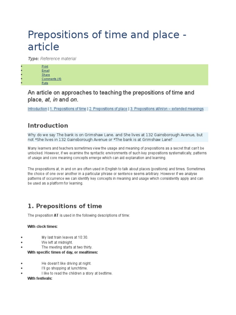 Prepositions of Time and Place | PDF | Preposition And Postposition ...