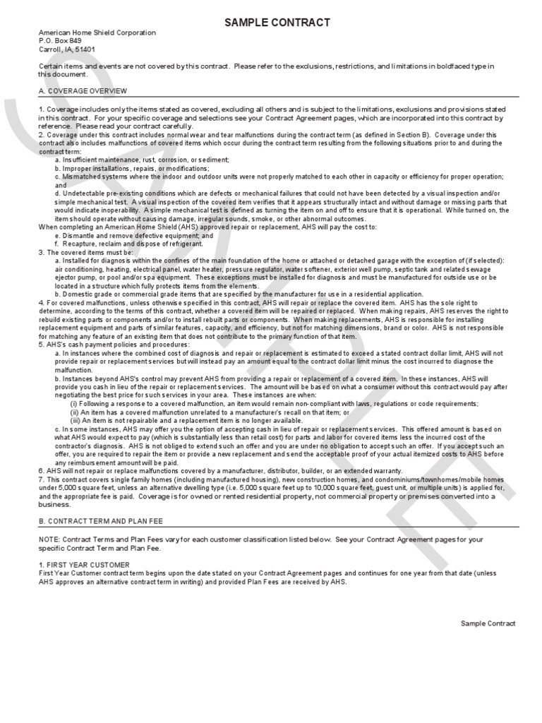 American Home Shield Sample Contract Watermark 11516 | PDF ...