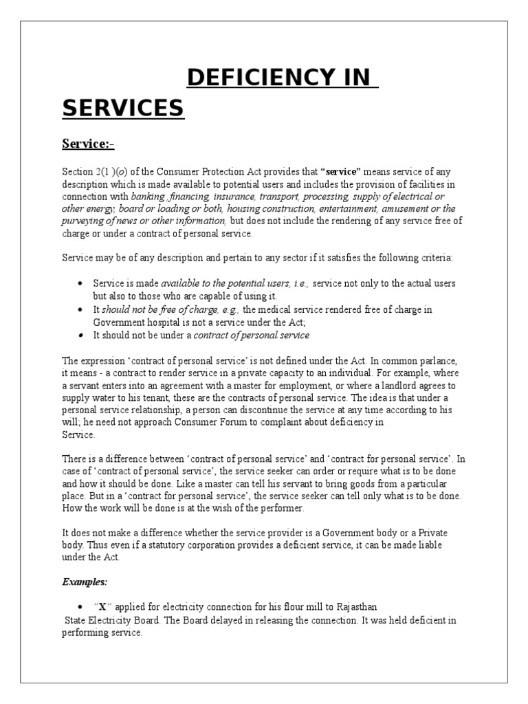 Deficiency in Services | Negligence | Common Law