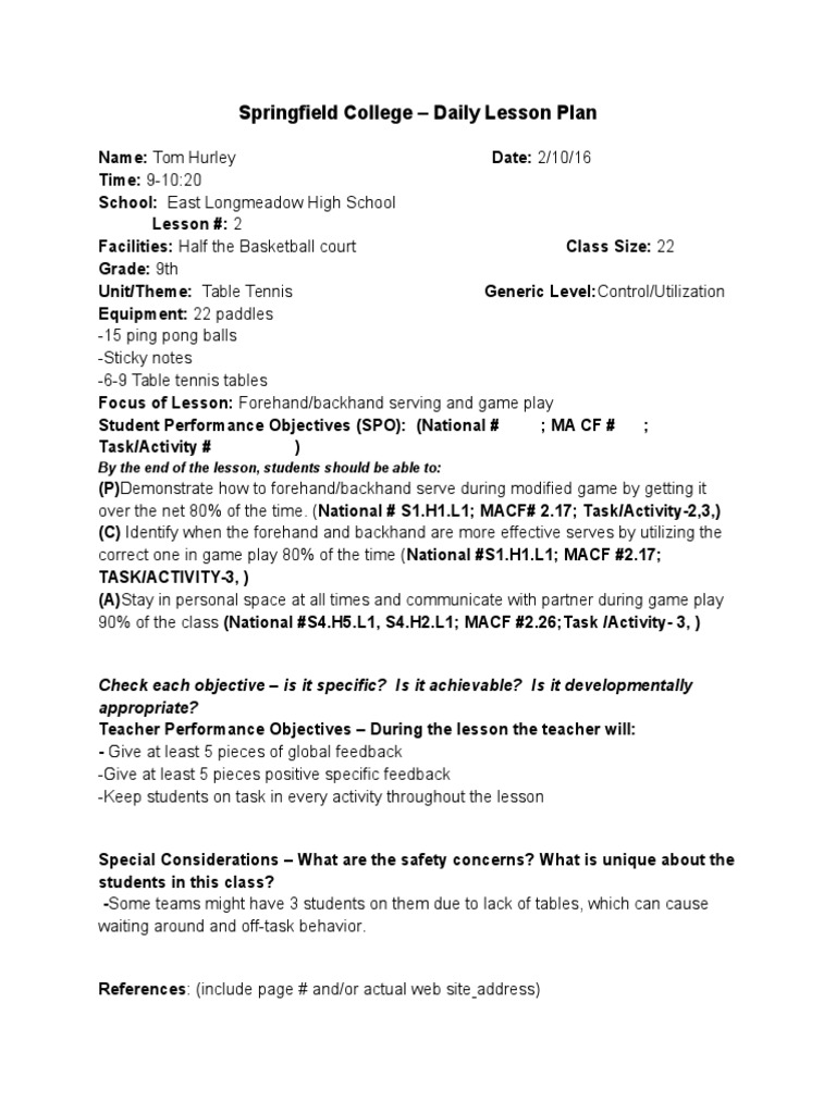 Table Tennis Lesson Plan for 9th Grade | PDF | Table Tennis ...