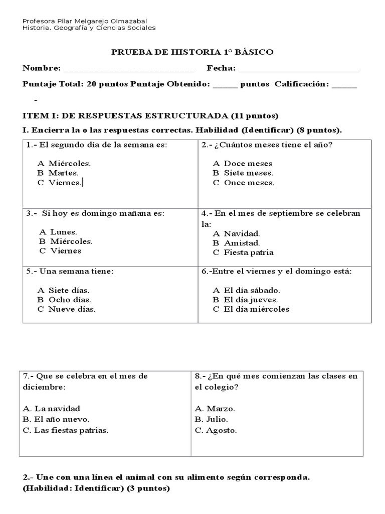 Prueba de Los Días y Meses Del Año | PDF