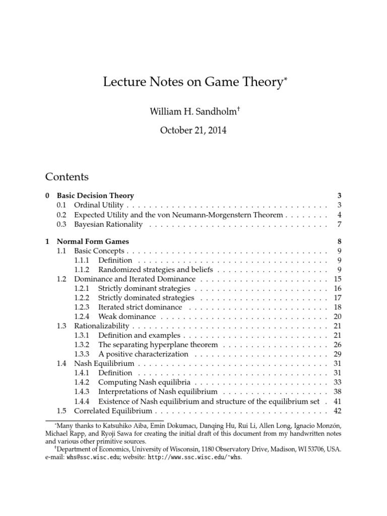 An Introduction to Game Theory Concepts: Lecture Notes on Normal Form ...