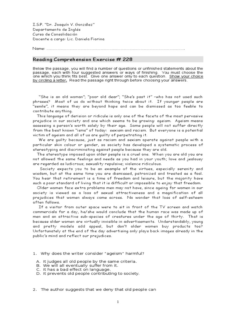 Reading Comprehension Exercise # 228 | PDF | Ageism | Behavioural Sciences