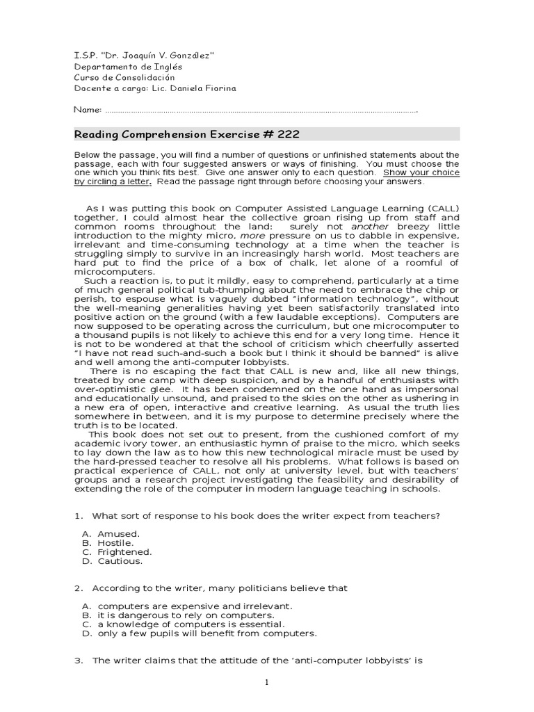 Reading Comprehension on CALL Techniques | PDF | Further Education ...