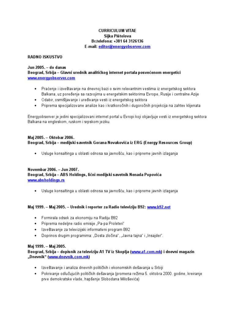 Sijka Pistolova CV Srpski | PDF