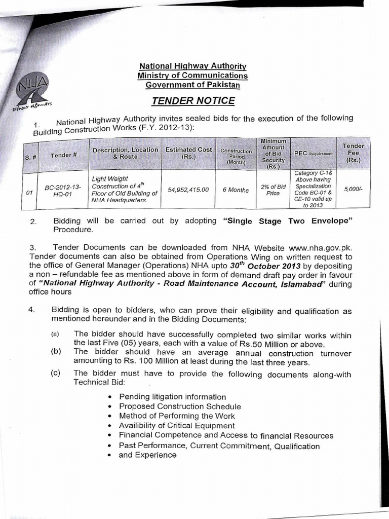 Tender Notice For BC 2012 13 HQ 01 Construction of 4th Floor Building ...