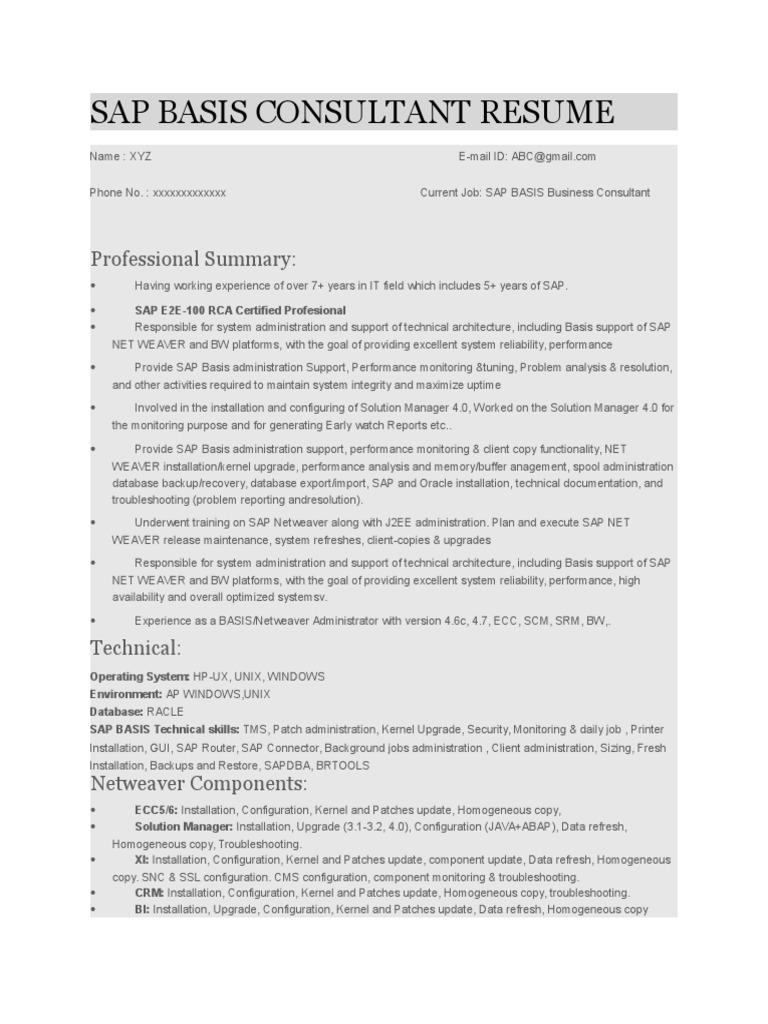 Sap Basis Consultant Resume | Sap Se | Databases