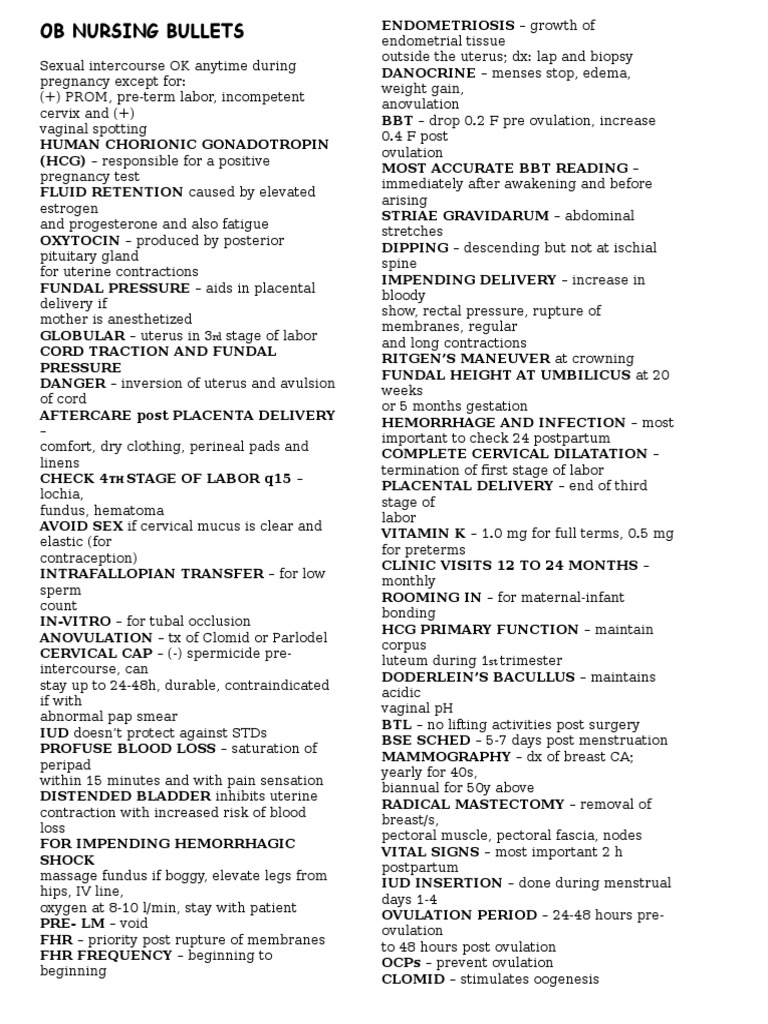 Ob Nursing Bullets | PDF | Pregnancy | Fetus
