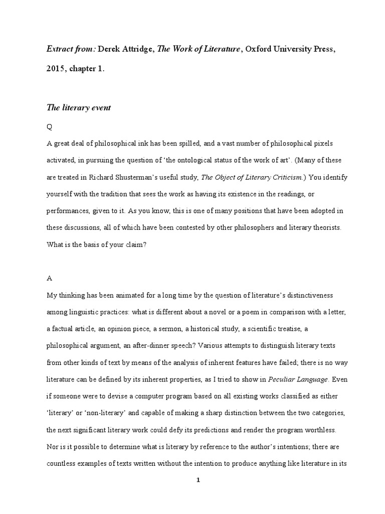 Derek Attridge - The Work of Literature | PDF | Metre (Poetry) | Poetry