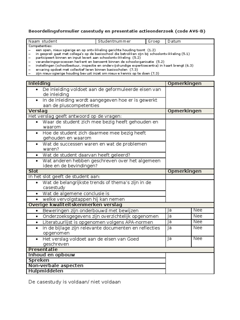Beoordelingsformulier Casestudy Actieonderzoek | PDF